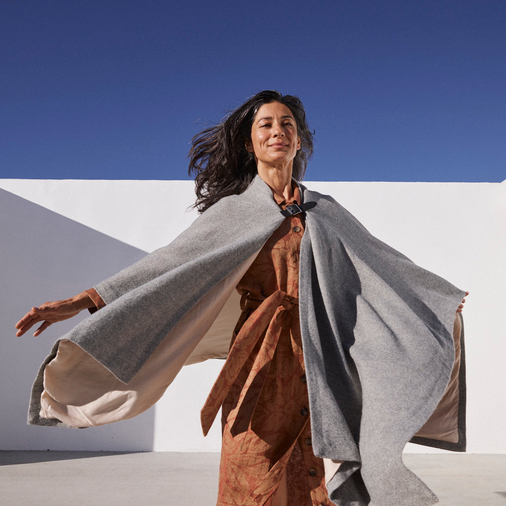 Alpaca Poncho in Herringbone with Leather & Dark Nickel Buckle